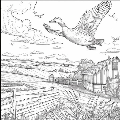 Duck flying over rustic barnyard with fields below – IMAGELLA