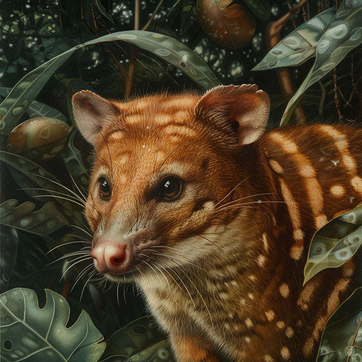 Tiger quoll's fur textured face on lush green backdrop – IMAGELLA