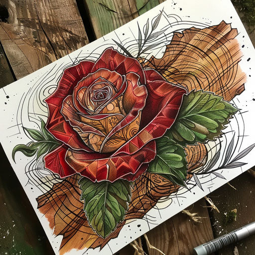 Rustic tattoo sketch of a red rose with woodcut patterns and natural ...