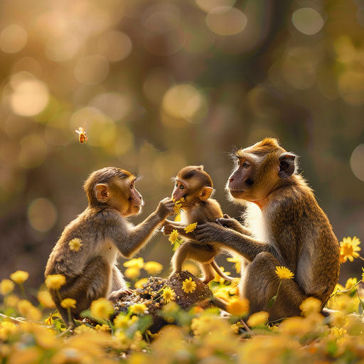Monkey family teaching young to gather honey, avoiding bees – IMAGELLA