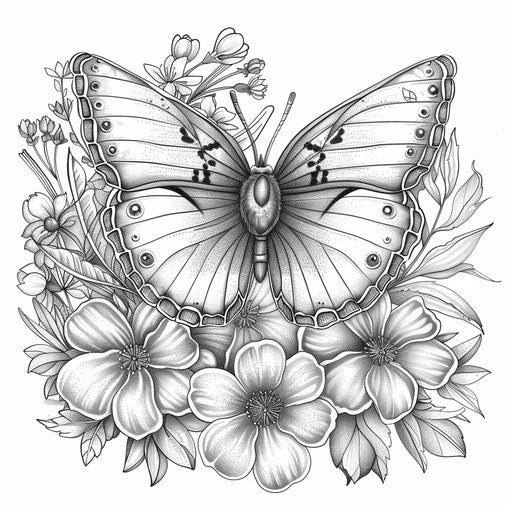 Butterfly surrounded by spring flowers. Coloring book page – IMAGELLA