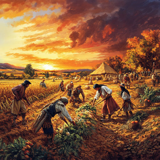 Cooperative farming of Pilgrims and Native Americans under autumn sky ...