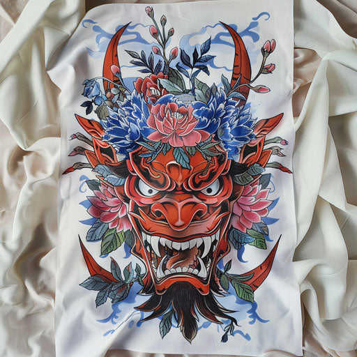 Neo-traditional oni head with floral motifs and sharp details – IMAGELLA