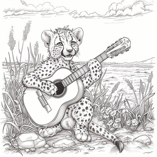 Whimsical cheetah playing guitar and singing in savannah – IMAGELLA