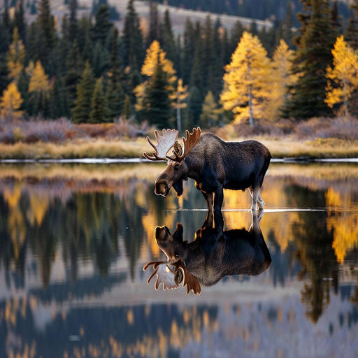 A moose and its reflection in the calm waters of a high-altitude alpine ...