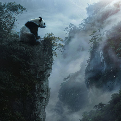 Giant panda on cliff, looking at misty ancient forest at dawn – IMAGELLA