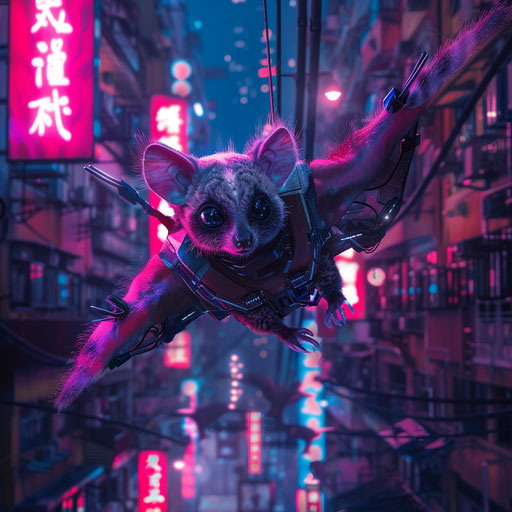 A cyberpunk flying squirrel navigating the neon-lit streets of a ...