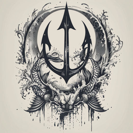 Japanese ink style trident tattoo, waves and koi fish – IMAGELLA