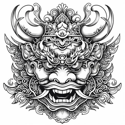 Oni face linework with intricate patterns on white canvas – IMAGELLA