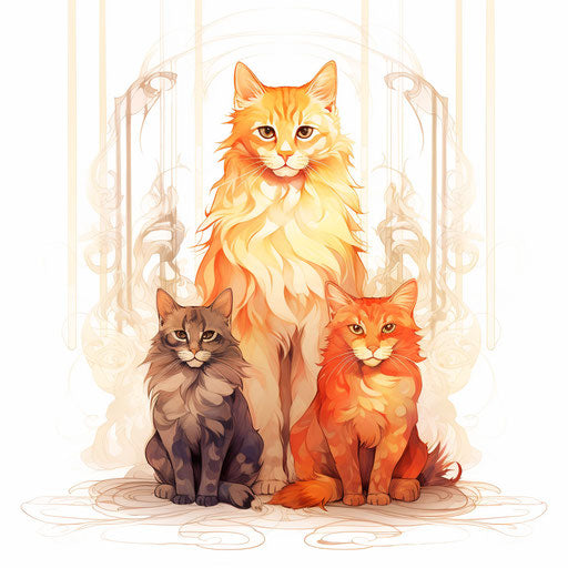 The cat sitting among other cats, light orange and red style, wavy ...