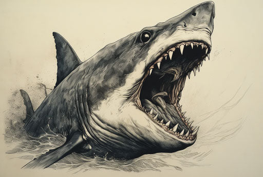 Shark with open mouth in ink drawing, 2D animation style – IMAGELLA