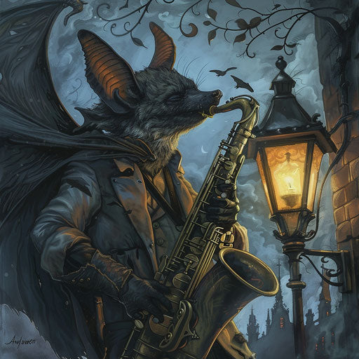 Bat jazz musician playing saxophone under streetlamp – IMAGELLA