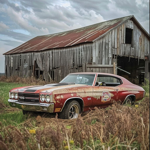 1977 Chevelle with patina finish and vintage racing decals in front of ...