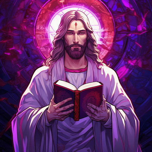 Holy Jesus holding bible on silver background, line drawing – IMAGELLA