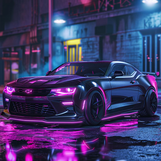 Cyberpunk Chevrolet Camaro Classic Car with neon underglow and digital ...