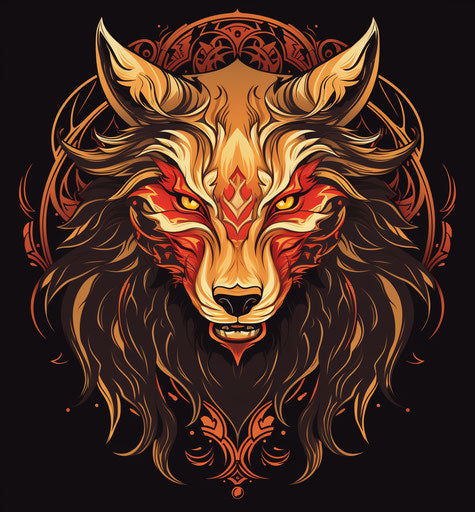 Full wolf head in dark gold and dark crimson style, manticore 59:64 ...