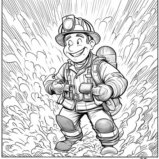 Firefighter in a satirical comic strip, Andy Marlette style, witty and ...