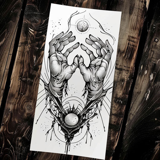 Artistic flat tattoo sketch of a pair of witch's hands conjuring a ...