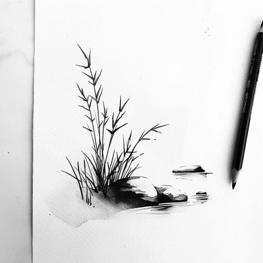 Minimalist black and white tattoo sketch of a serene riverside with ...