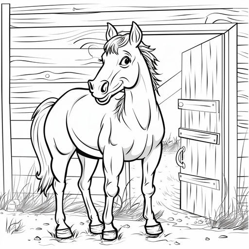 Adorable smiling horse in a stable. Coloring book page – IMAGELLA