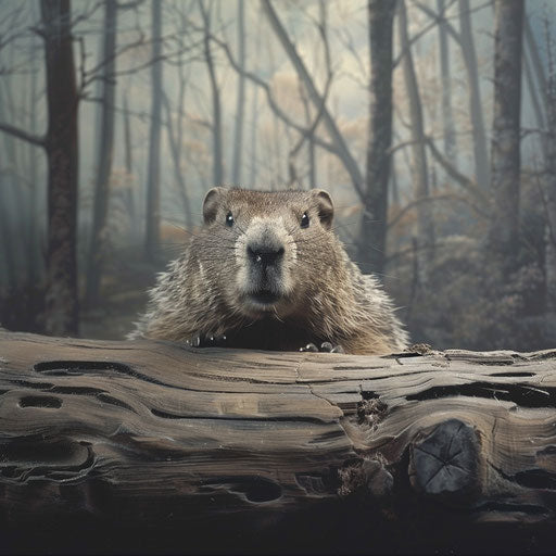 Groundhog behind a log with a forest backdrop – IMAGELLA