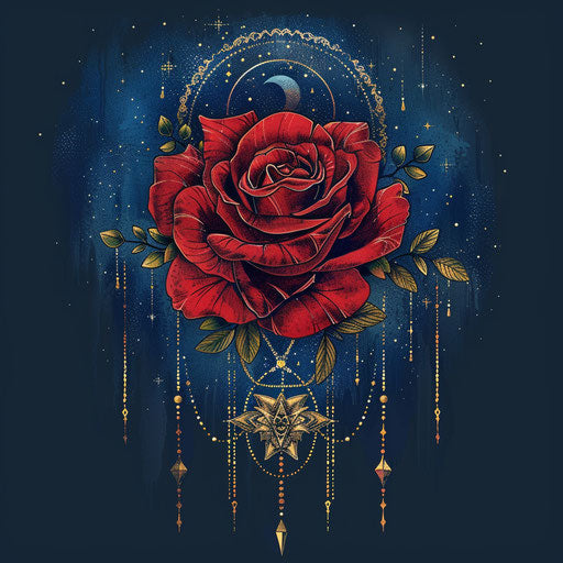Mystical sketch of a red rose tattoo with celestial motifs on midnight ...