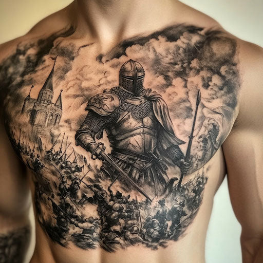Knight in armor chest piece tattoo with battle scene by D. Palumbo ...