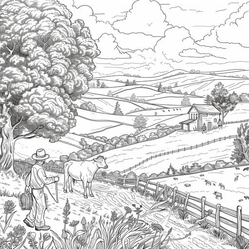 Cow and farmer in a pastoral setting. Coloring book page – IMAGELLA