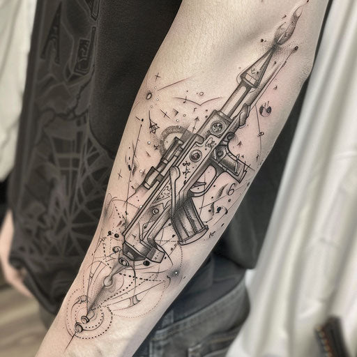 Tattoo of magic gun casting spells, with mystical runes and elements ...