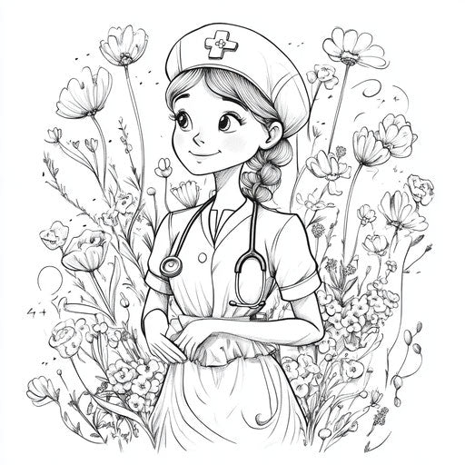 A nurse with a playful, whimsical design, in the style of Teagan White ...