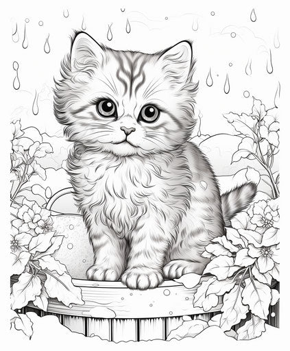 Coloring page with a kitten in the snow, in the style of glamorous ...
