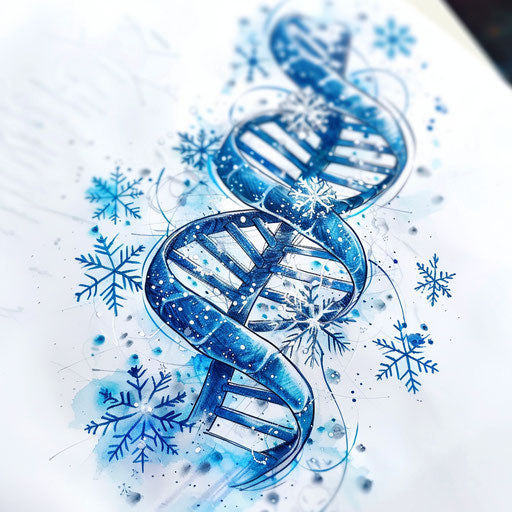 Winter-themed DNA tattoo sketch with snowflakes and blue hues – IMAGELLA