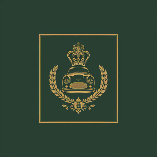 Classic car logo with intricate crest and serif font, on dark green ...