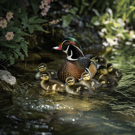 Intimate scene of a wood duck with its ducklings, teaching them to ...