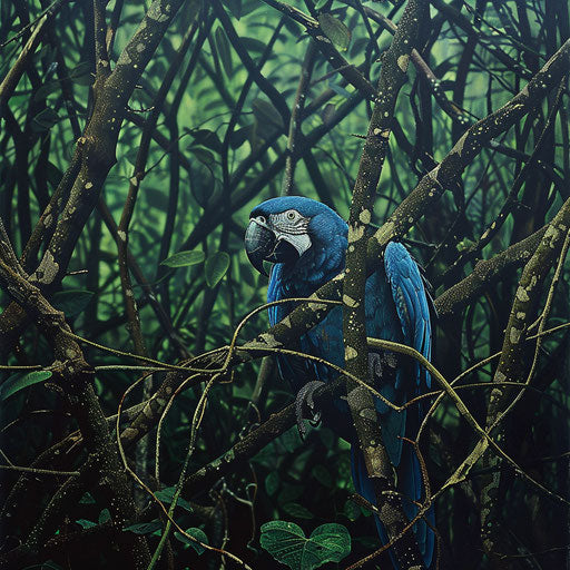 A Spix's macaw navigating through a maze of tree branches in a dense ...