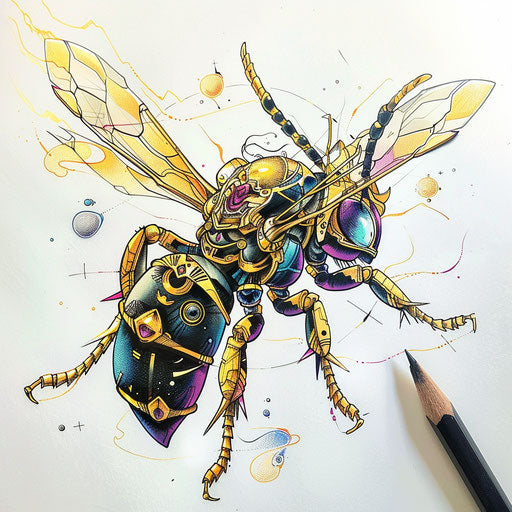 Fantasy tattoo sketch of a wasp with mythical elements and vibrant ...