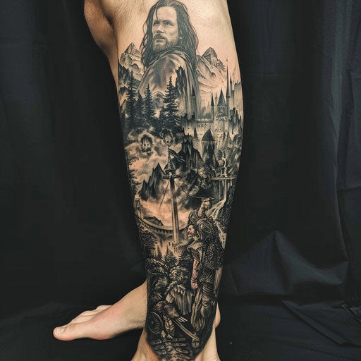 Heroic saga-based narrative leg sleeve tattoo epic – IMAGELLA