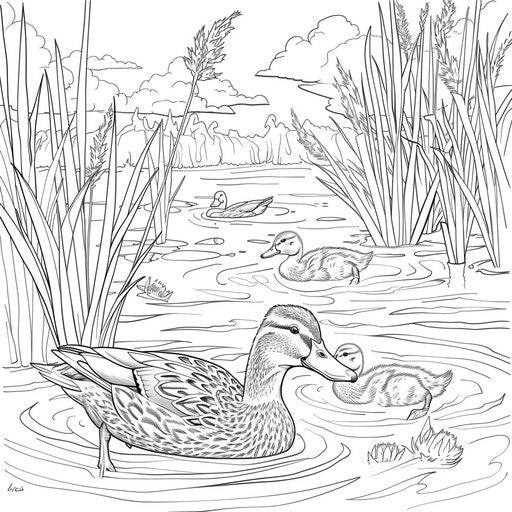 A family of ducks swimming in a pond surrounded by reeds. Coloring book ...