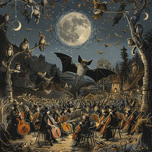 Bat leading an orchestra of nocturnal creatures in a moonlit concert ...