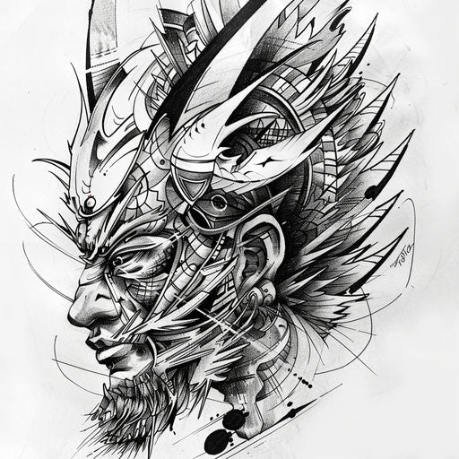 Futuristic tattoo sketch of a Tengu with metallic effects and modern ...