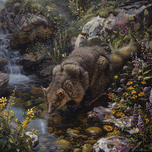 White-tail possum drinking from crystal-clear mountain stream ...