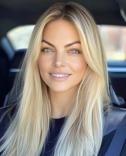 Timeless actress with blonde hair and blue eyes smiling in a car in ...