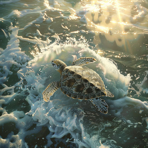 A sea turtle with sunlit waves in the style of Tim Flach – IMAGELLA