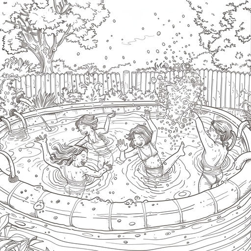 Friends splashing in a pool. Coloring book page – IMAGELLA