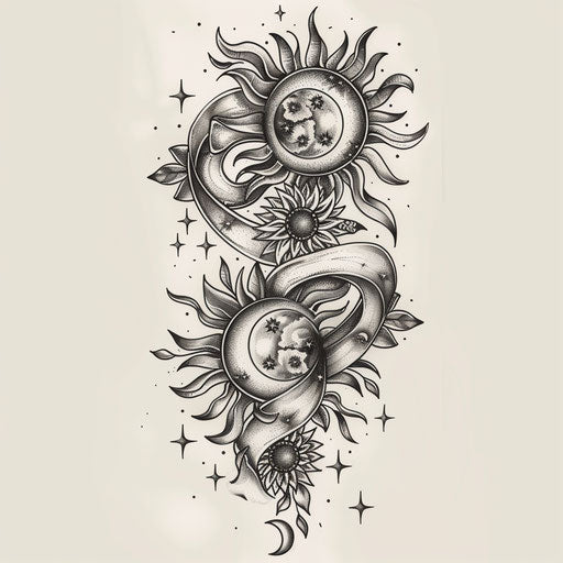 Celestial ribbon tattoo sketch with suns and moons – IMAGELLA