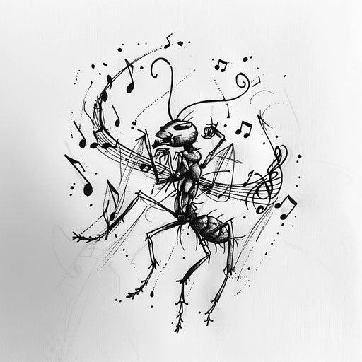 Vibrant flat tattoo sketch of an ant dancing with musical notes – IMAGELLA