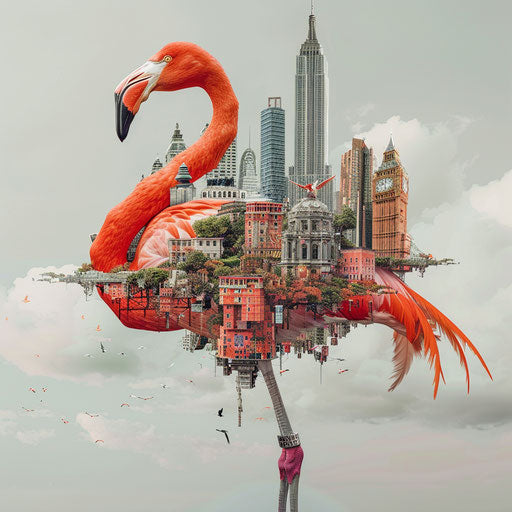 Flamingo holding a cityscape on one leg – IMAGELLA