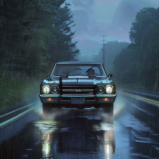 A 1969 Chevrolet Chevelle SS with a police package, chasing on a rain ...