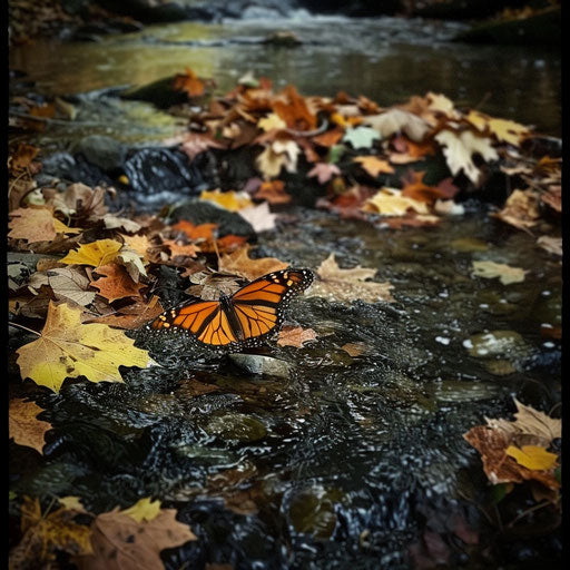 Solitary monarch butterfly flying over a babbling brook, surrounded by ...