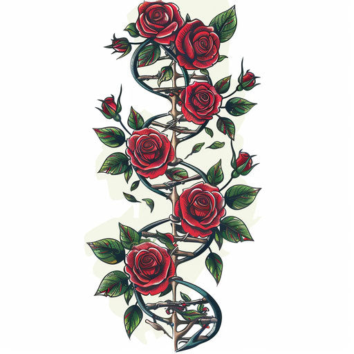 Romantic DNA tattoo sketch with red roses and green leaves – IMAGELLA